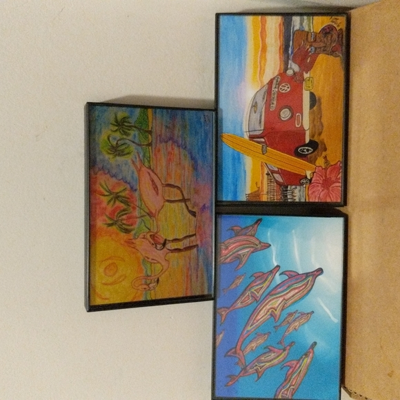 Art | 3 Small Framed Photos Flamingos Tropical Vw Bus Beach Dolphins ...